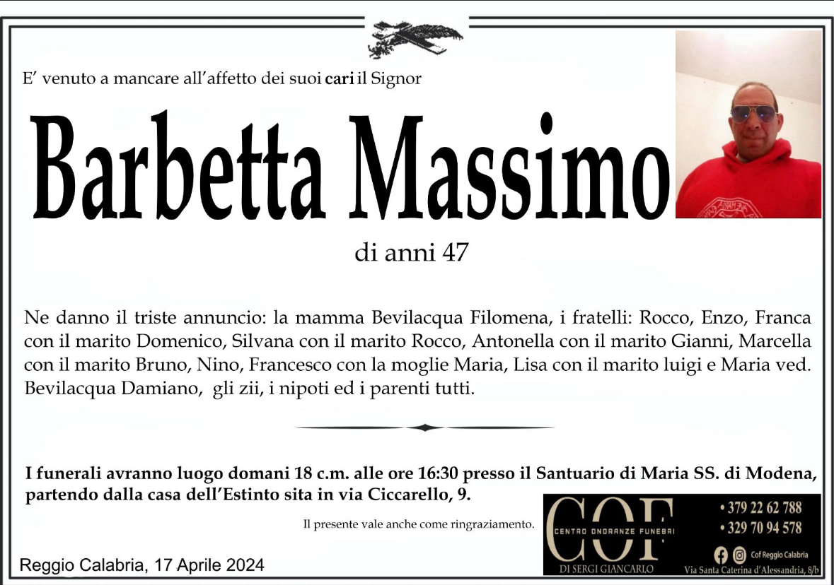 Esequie Massimo Barbetta - Necrologi Calabria